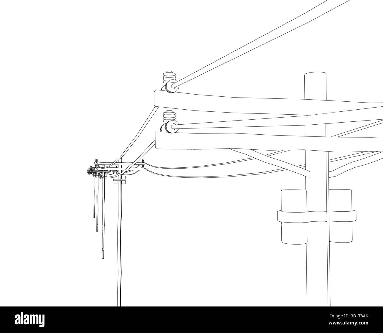 A black and white drawing of a power line pole with a wire hanging from ...