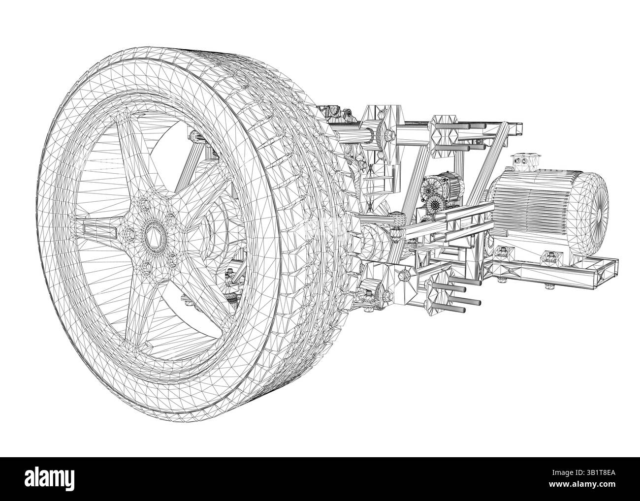 A white drawing of a car with a tire and a gearbox. The tire is shown ...