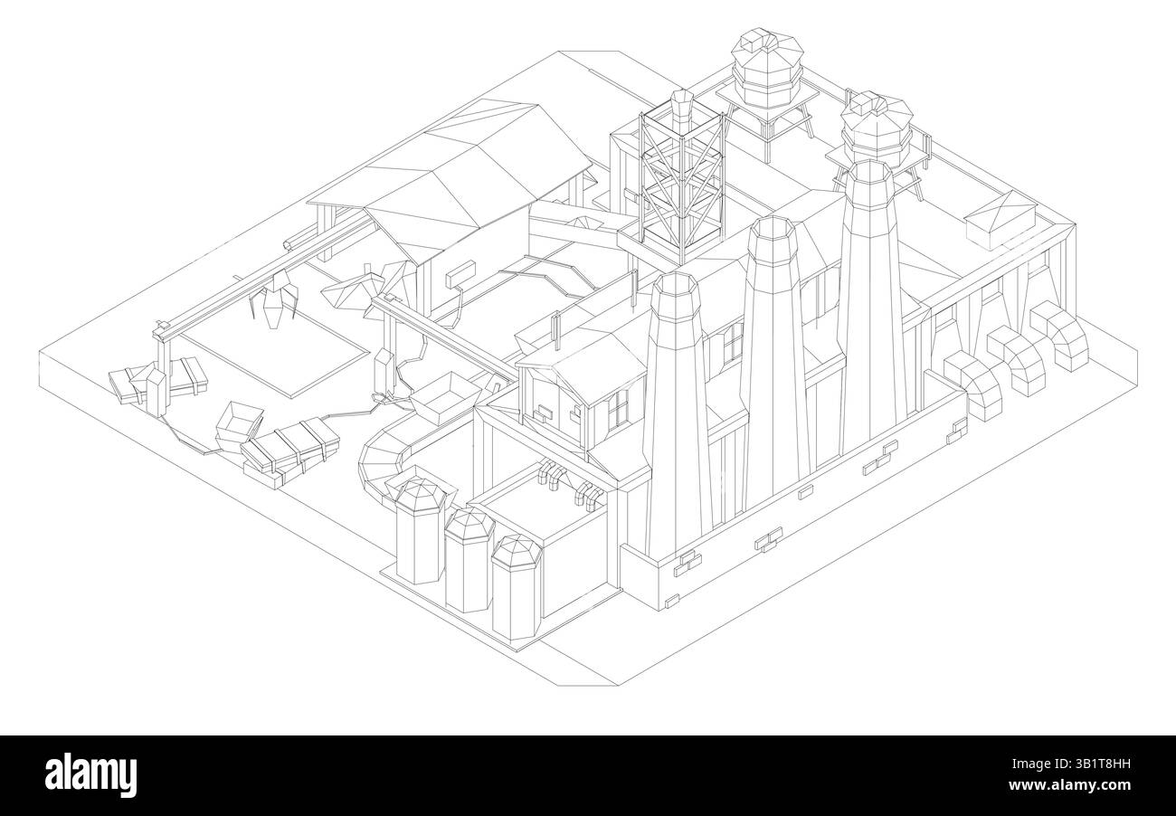 Vector illustration of a factory with many buildings. Isometric view ...