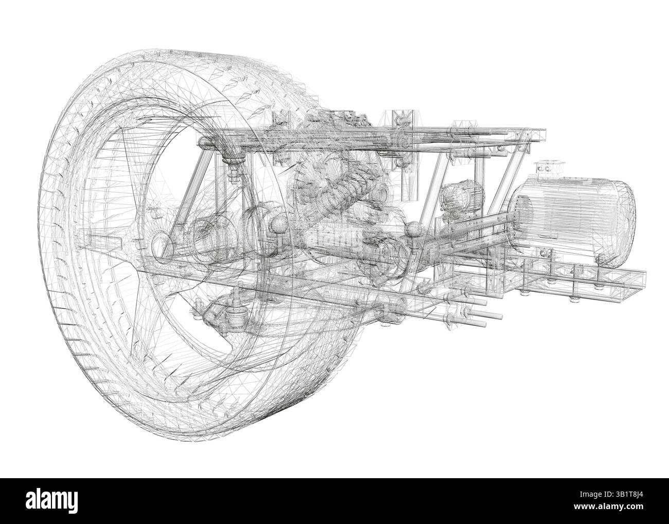 A drawing of a machine with a tire on it. The tire is on the right side ...