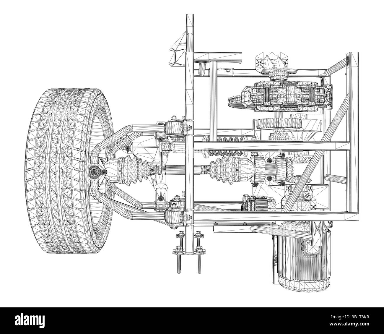 A drawing of a truck with a tire and a wheel. The drawing is in black ...