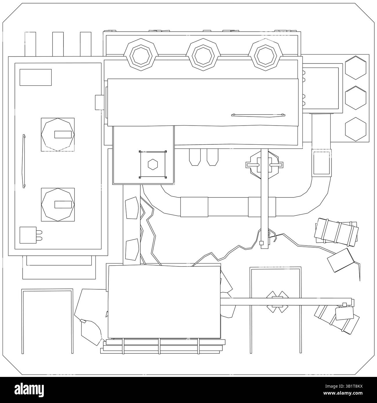 A drawing of a Factory with a large open space and a buildings Stock ...