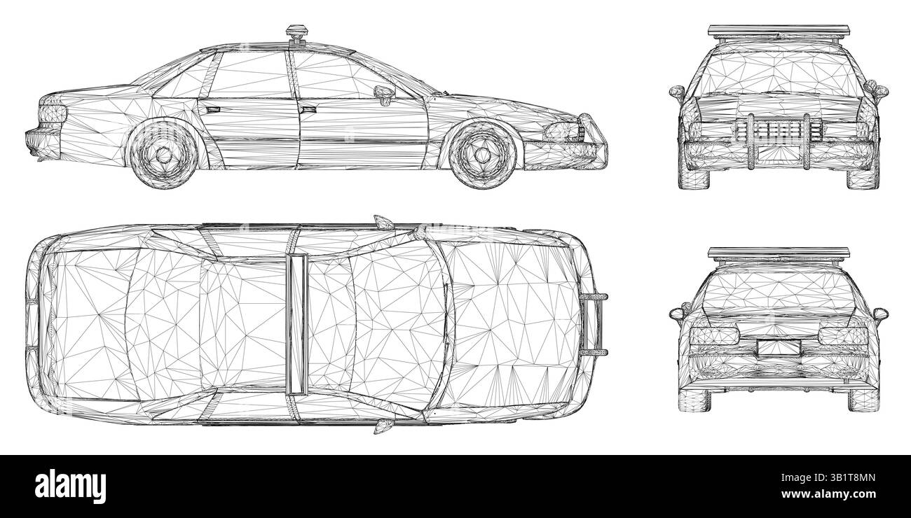 A Police car is shown in a series of drawings, with the front and back ...