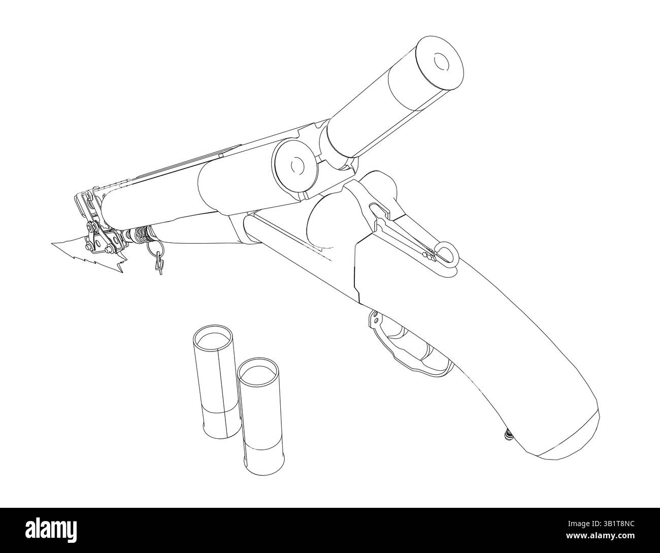 A gun with a long barrel and a small barrel. The gun is black and white ...
