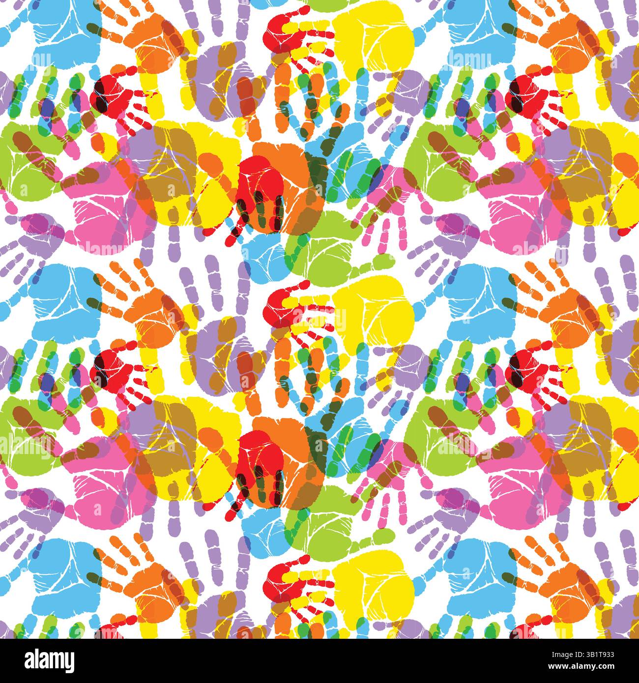 Seamless pattern of colorful child handprints, human palms or ...