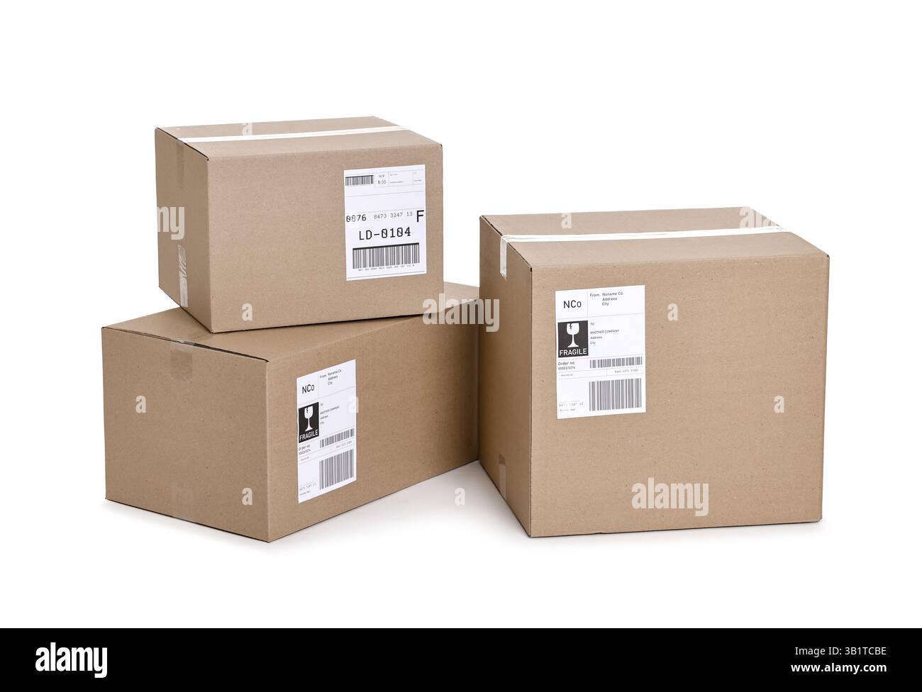 Cardboard parcel boxes with shipping labels on white background Stock ...