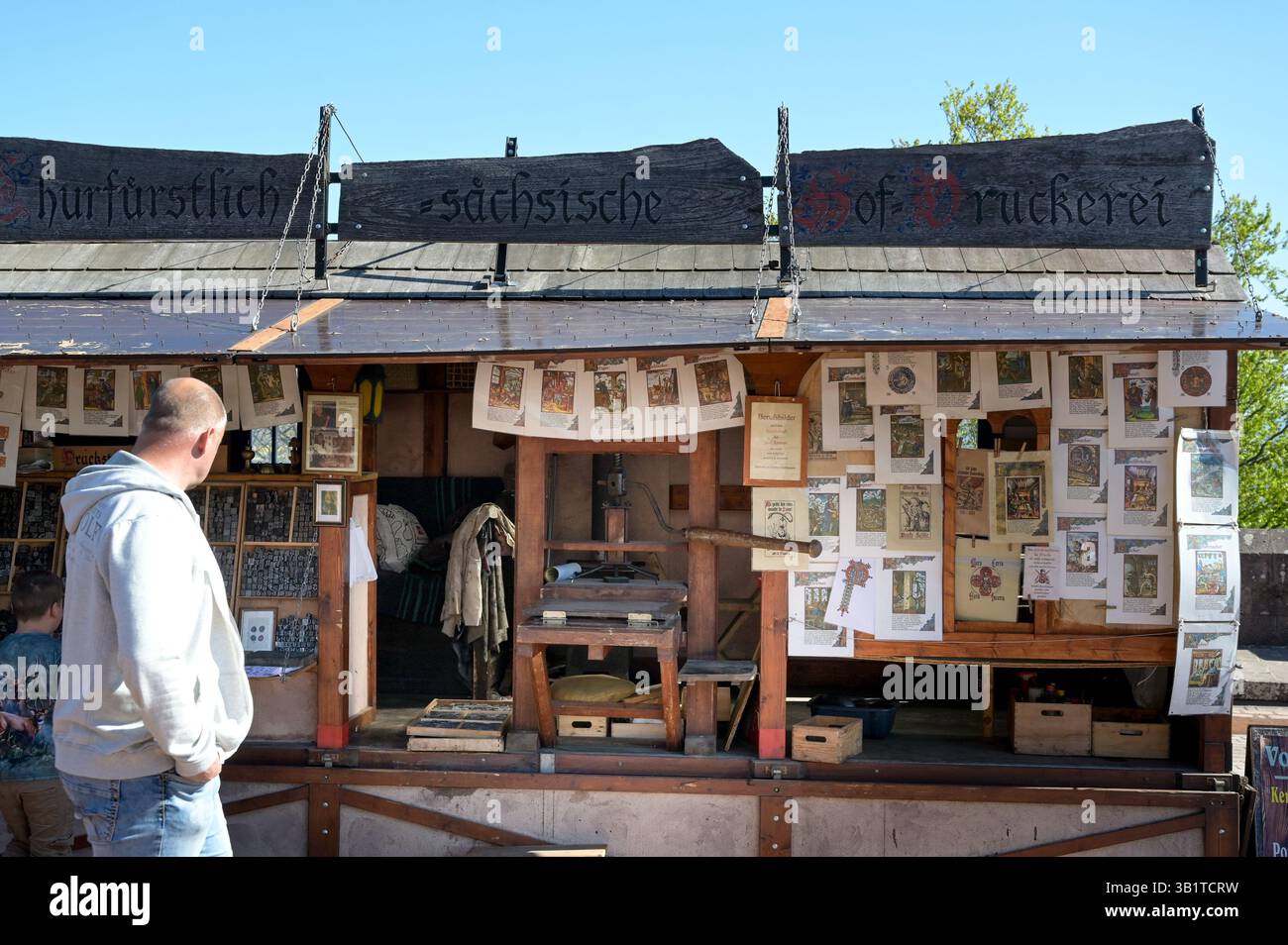 26 April 2025, Thuringia, Kyffhäuser: A historical printing press at ...