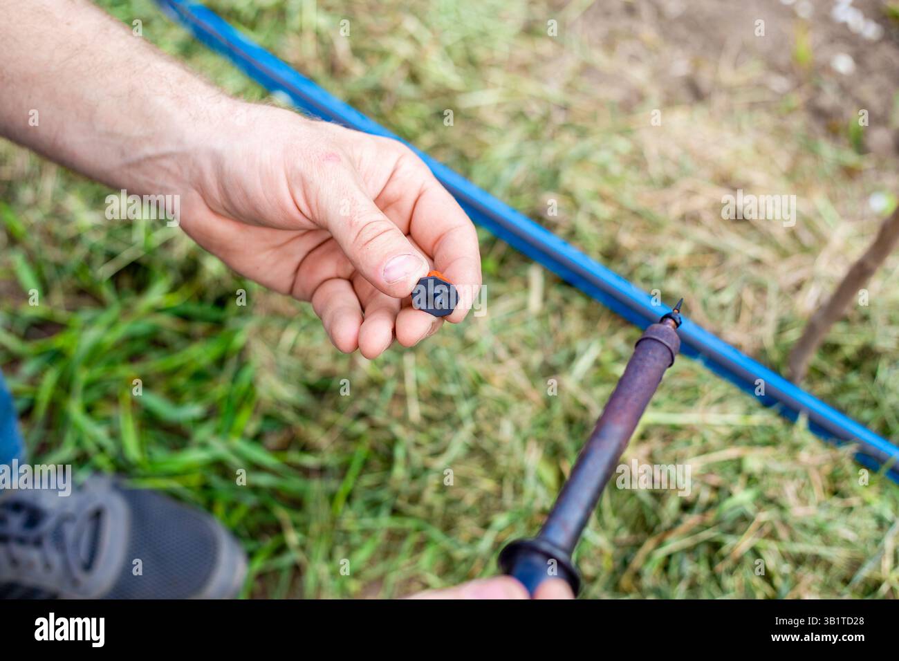 A man installs a drip irrigation system in a garden by melting a HDPE ...