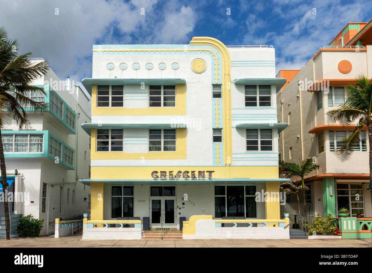 The Crescent hotel building facade in Art Deco district, Art Deco ...