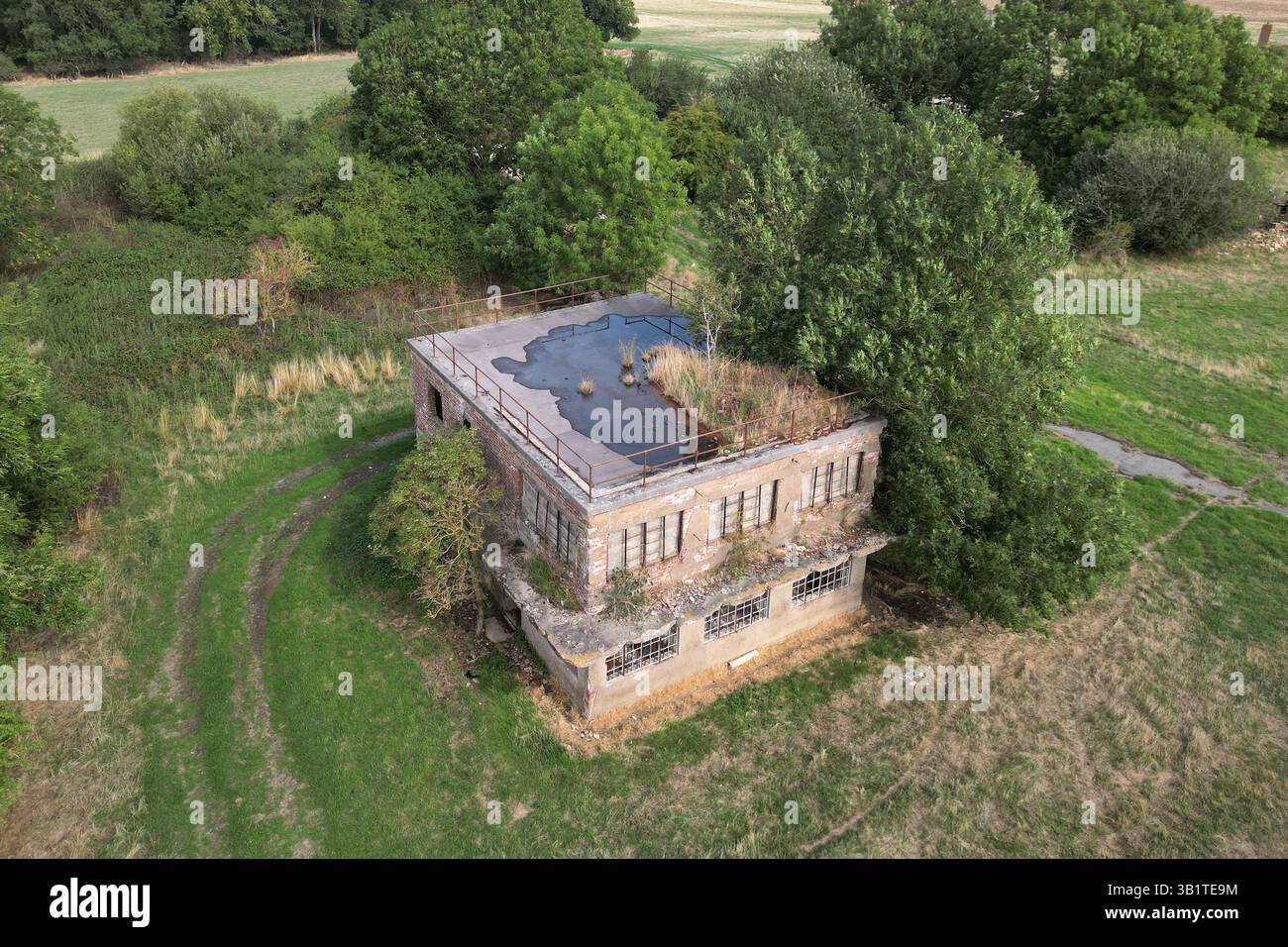 Aerial view of WW2 military airfield watch office, Aerodrome control ...