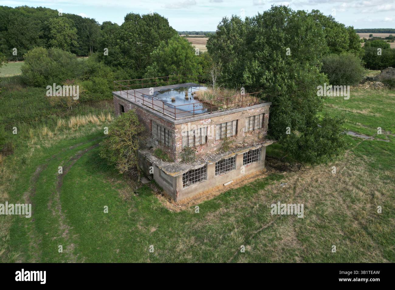 Aerial view of WW2 military airfield watch office, Aerodrome control ...