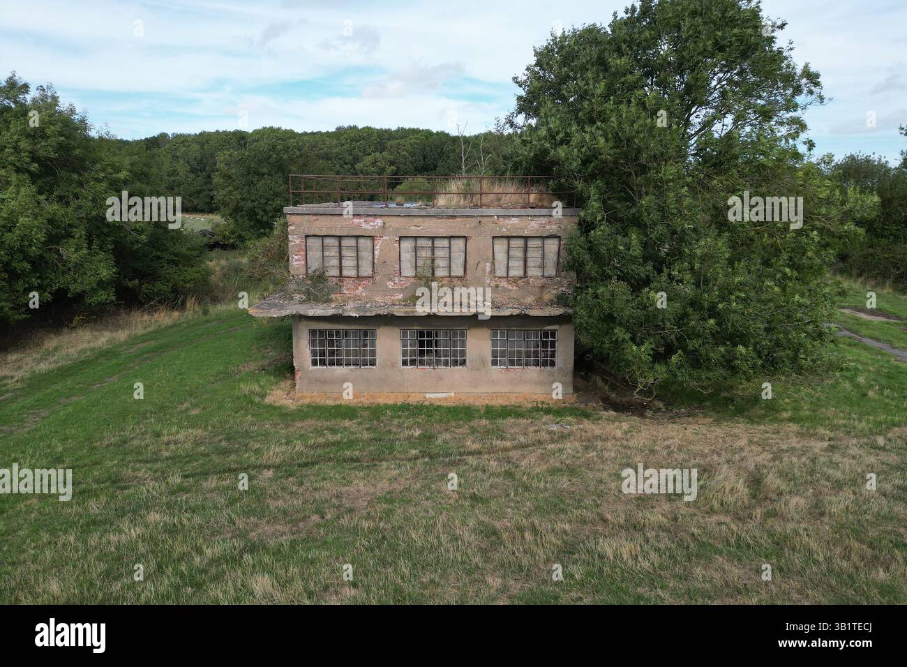 Aerial view of WW2 military airfield watch office, Aerodrome control ...