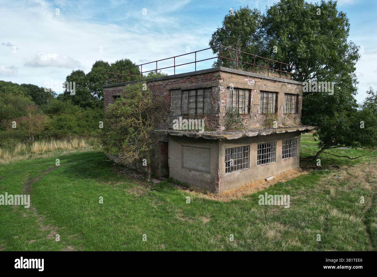 Aerial view of WW2 military airfield watch office, Aerodrome control ...
