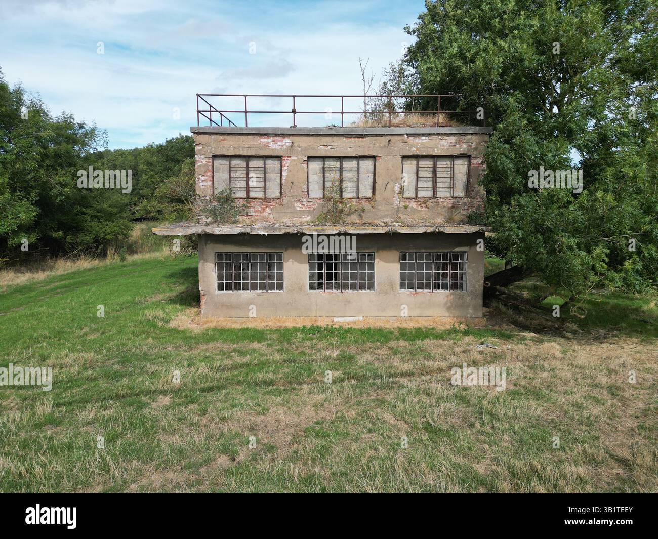 Aerial view of WW2 military airfield watch office, Aerodrome control ...