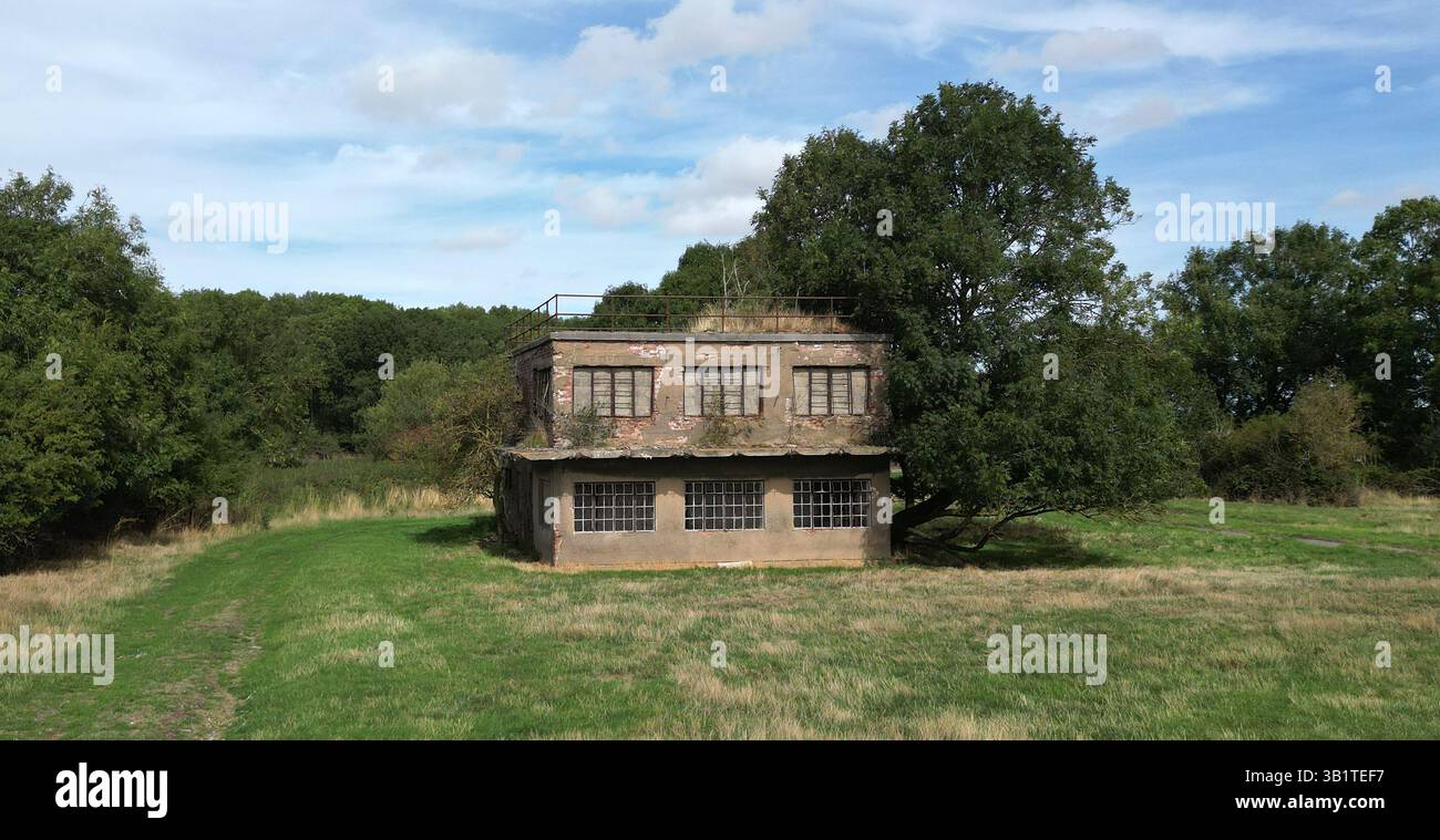 Aerial view of WW2 military airfield watch office, Aerodrome control ...