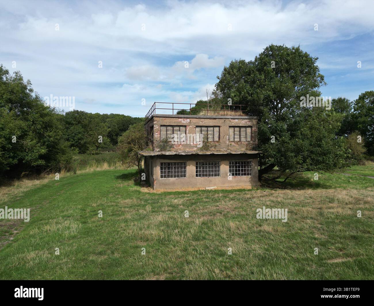 Aerial view of WW2 military airfield watch office, Aerodrome control ...