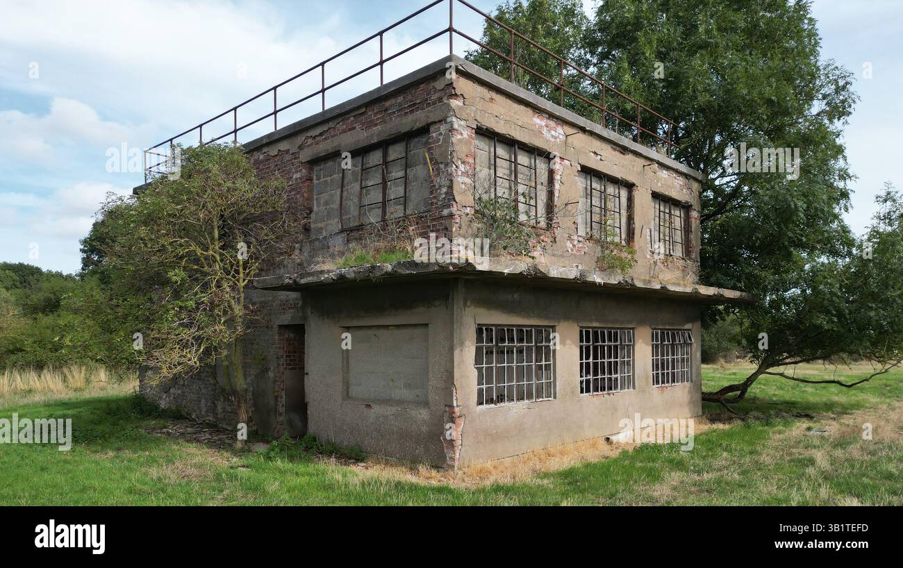 Aerial view of WW2 military airfield watch office, Aerodrome control ...