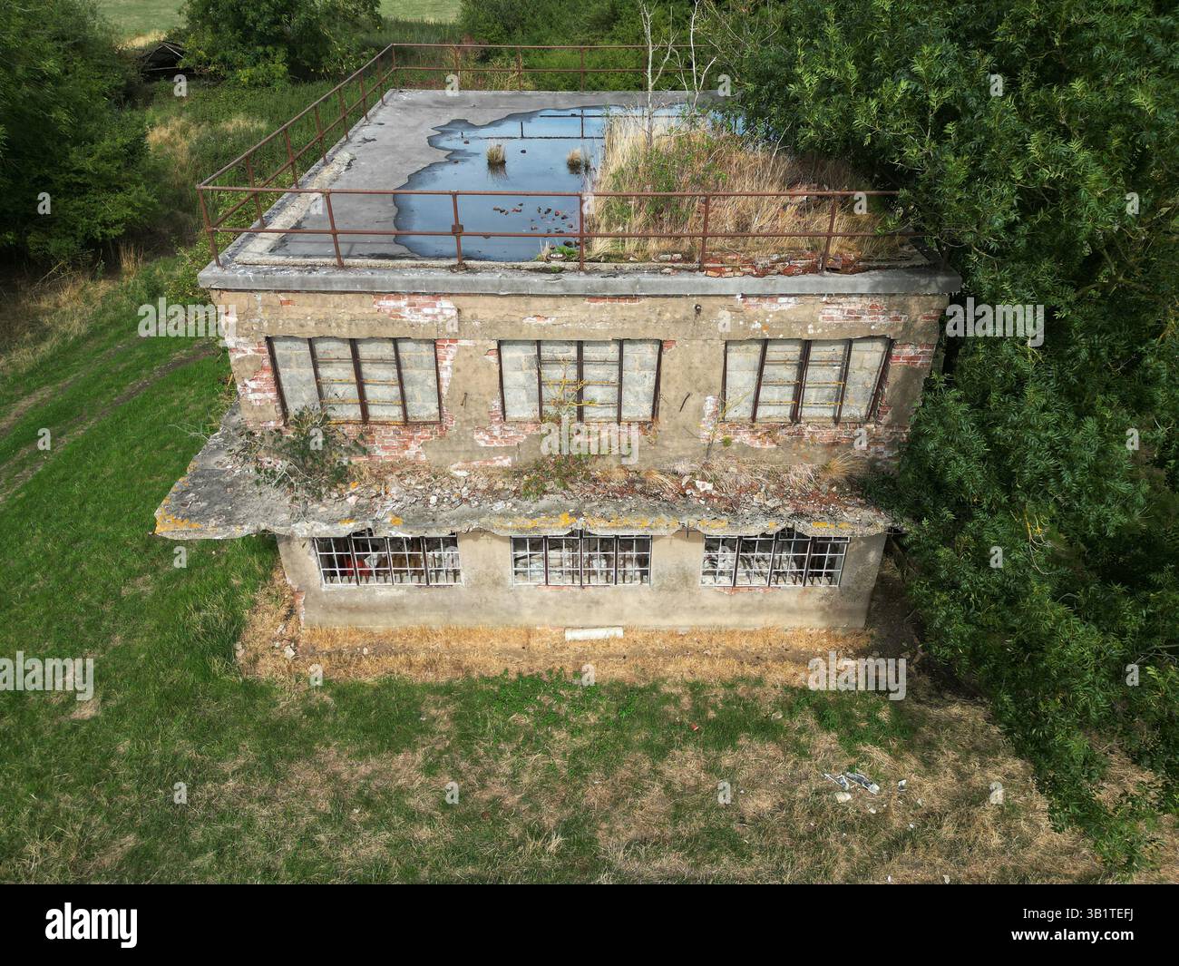 Aerial view of WW2 military airfield watch office, Aerodrome control ...