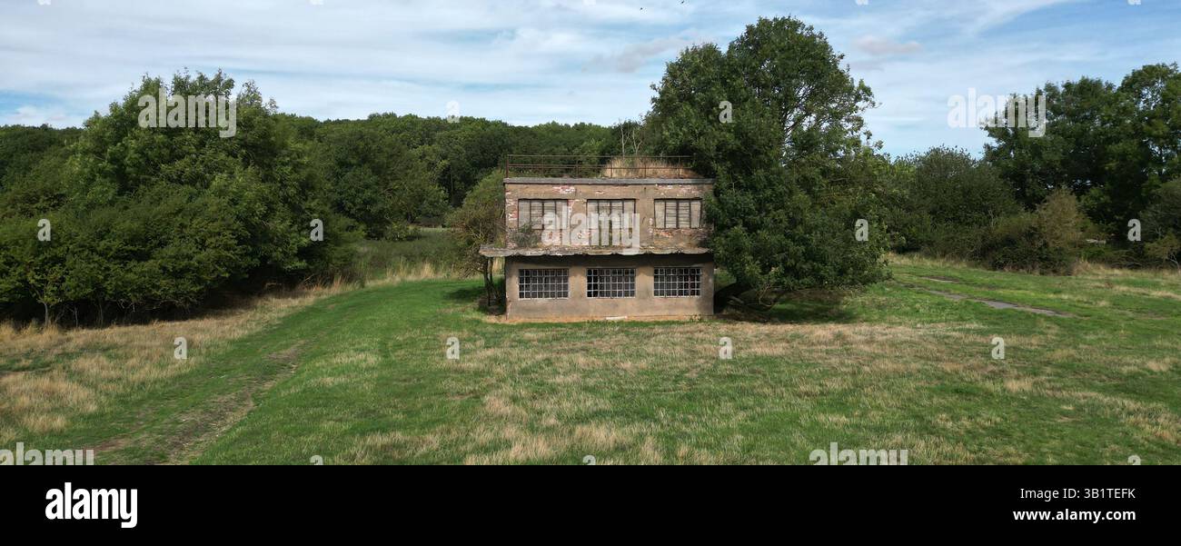 Aerial view of WW2 military airfield watch office, Aerodrome control ...