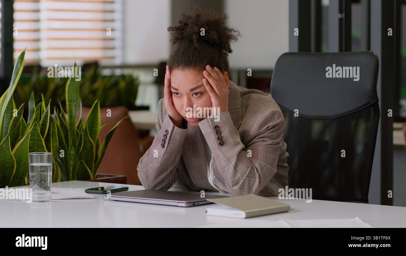 Exhausted businesswoman tired overworked employee in office suffer ...