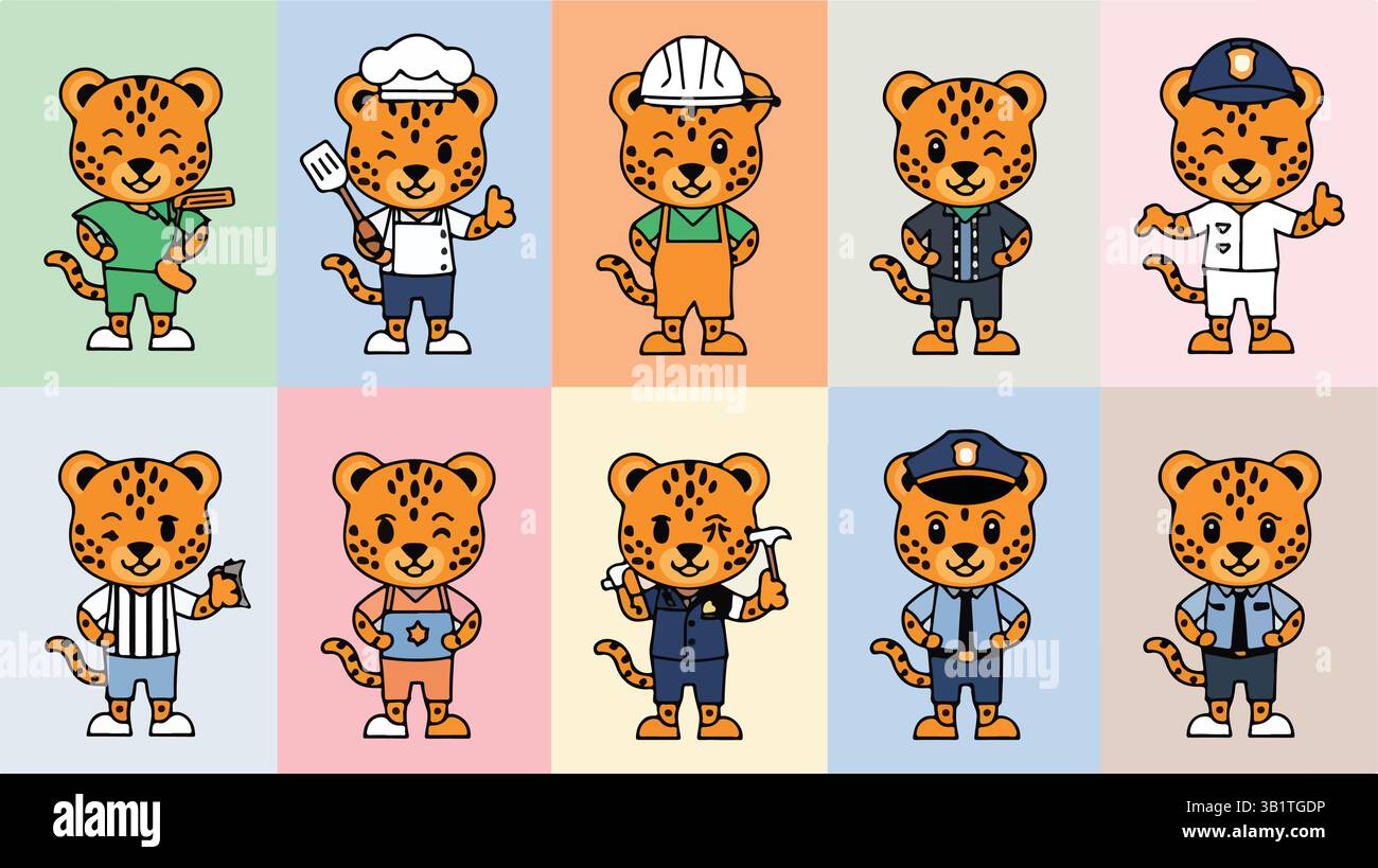 Cute Cheetah Mascot Icons Set – Cartoon Animals in Professional Jobs ...