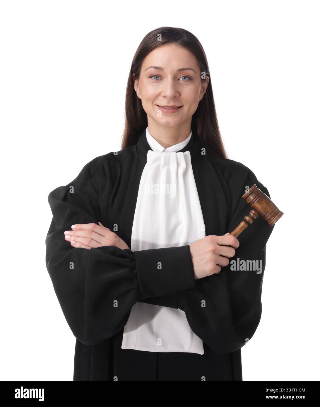 Portrait of judge with mallet on white background Stock Photo - Alamy