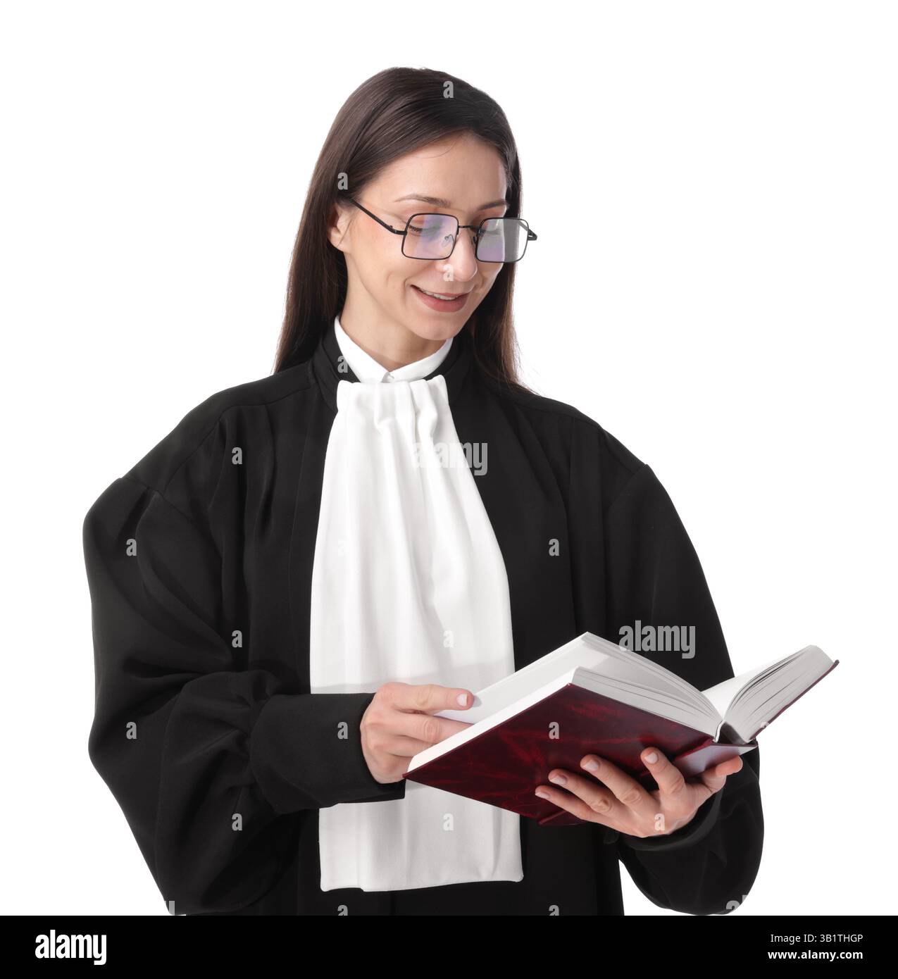 Judge in glasses reading book on white background Stock Photo - Alamy