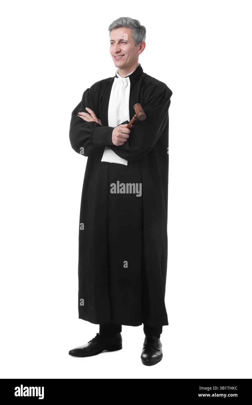 Smiling judge with mallet on white background Stock Photo - Alamy