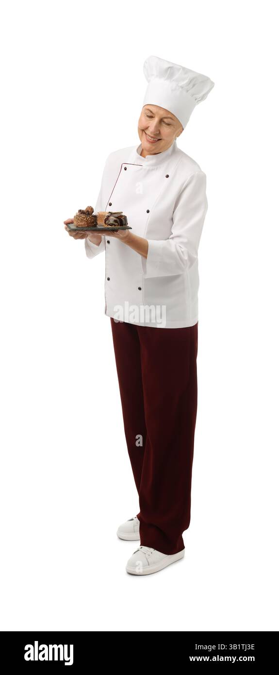 Professional pastry chef with desserts on white background Stock Photo ...