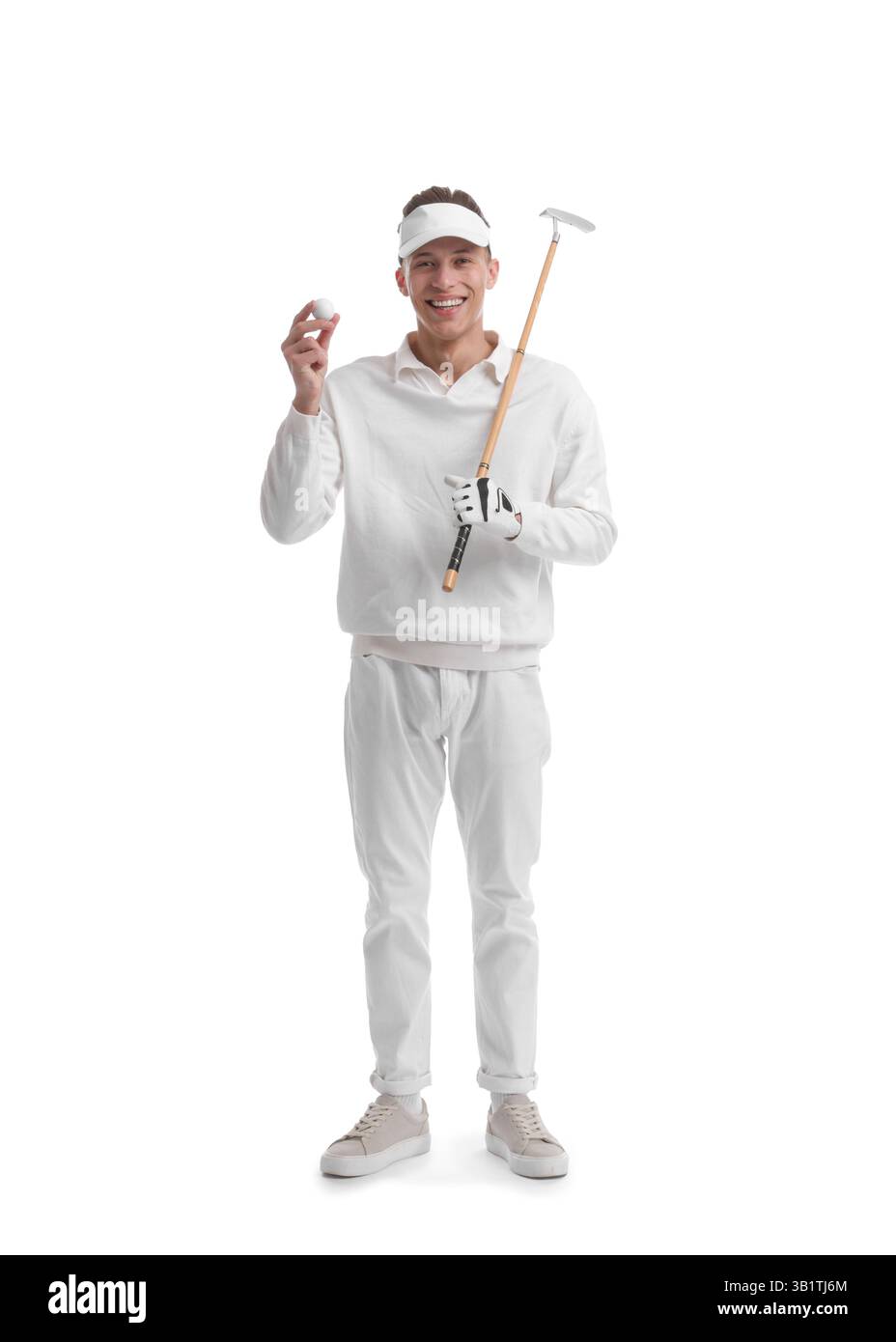 Man with golf club and ball on white background Stock Photo - Alamy