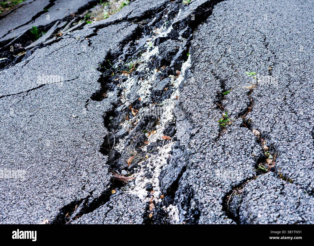 Close-up of a cracked asphalt surface with a deep fissure in the earth ...