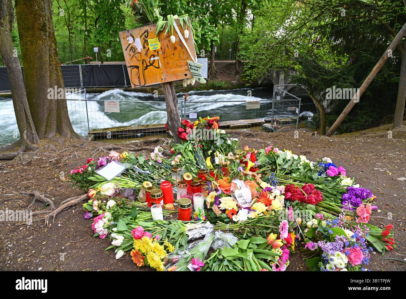 Mennchner Eisbachwelle nach Surf-Unfall gesperrt. Blumenmeer,Blumen und ...