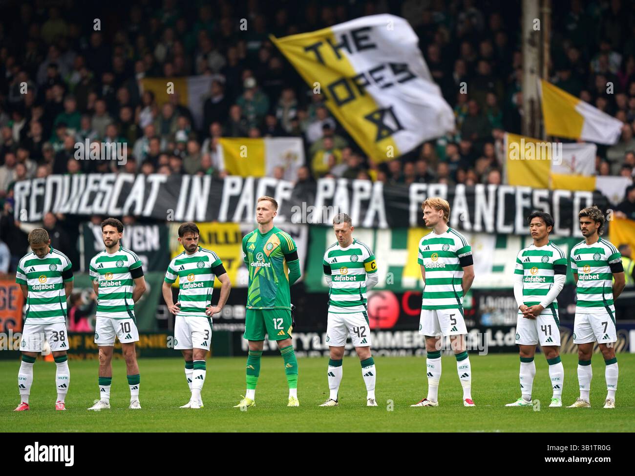 Celtic players observe a minute's silence in memory of the late Pope ...