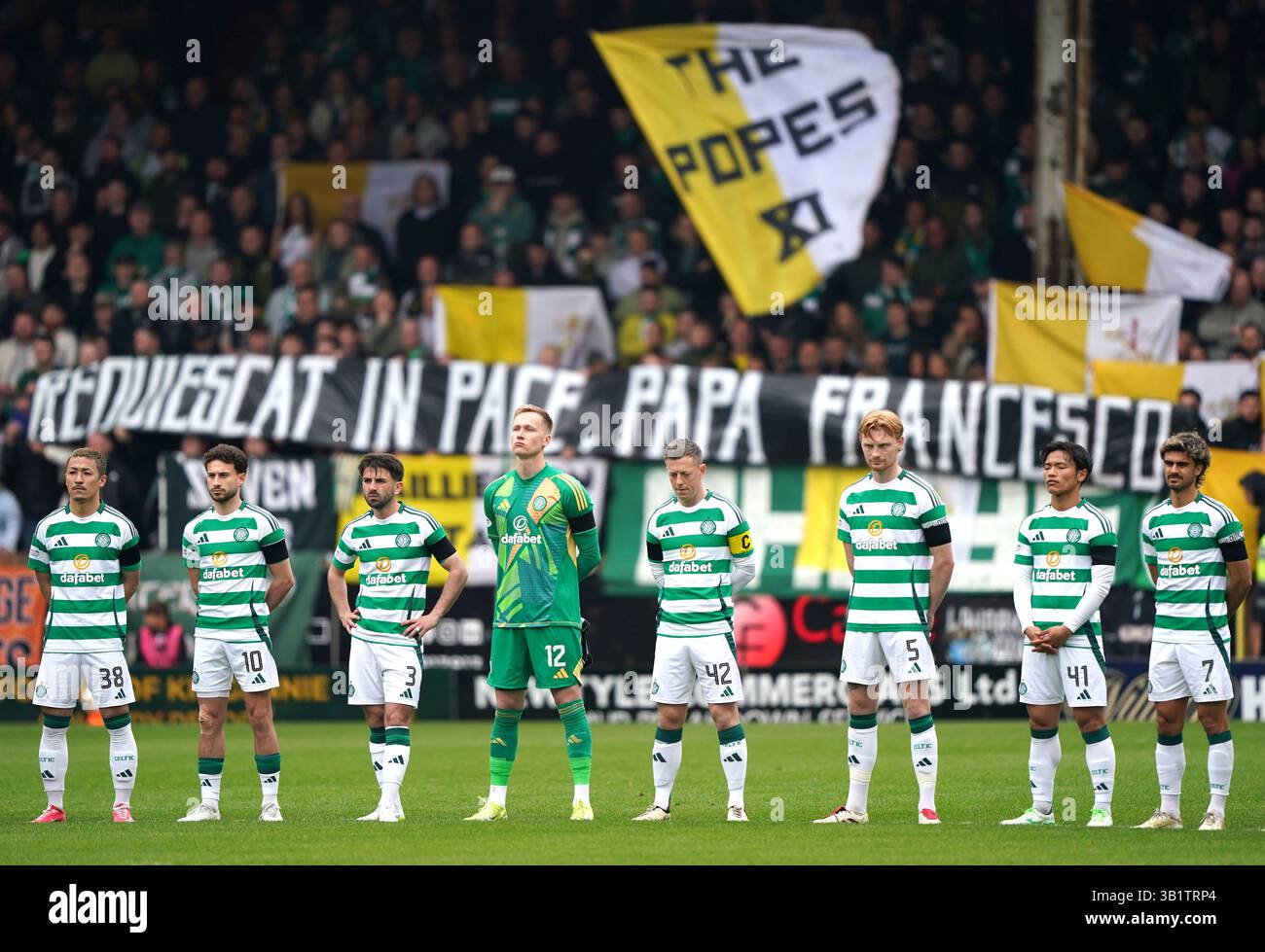 Celtic players observe a minute's silence in memory of the late Pope ...