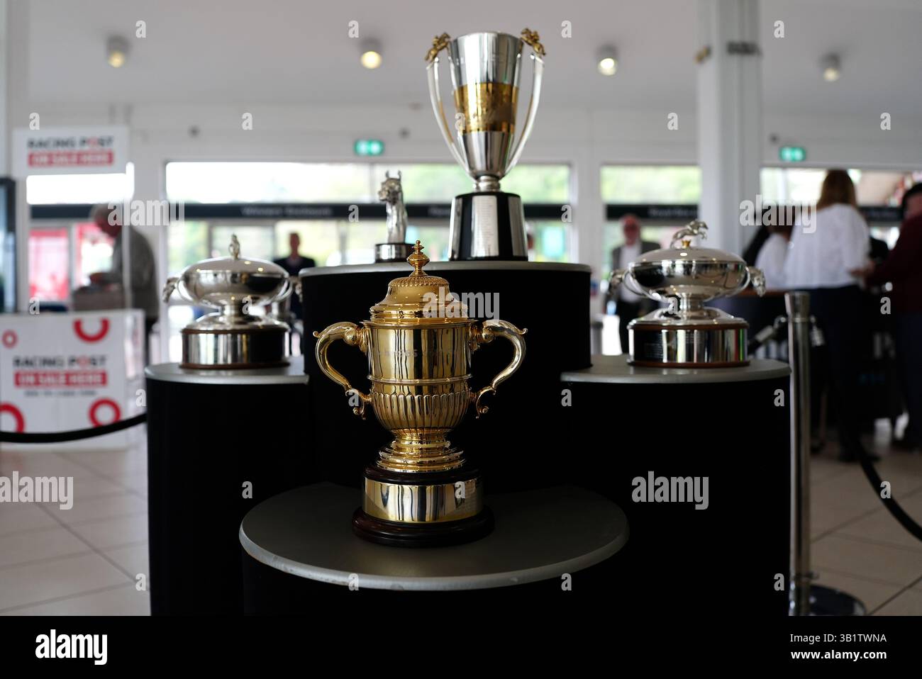 Trophies on display at Sandown Park Racecourse, Esher. Picture date ...