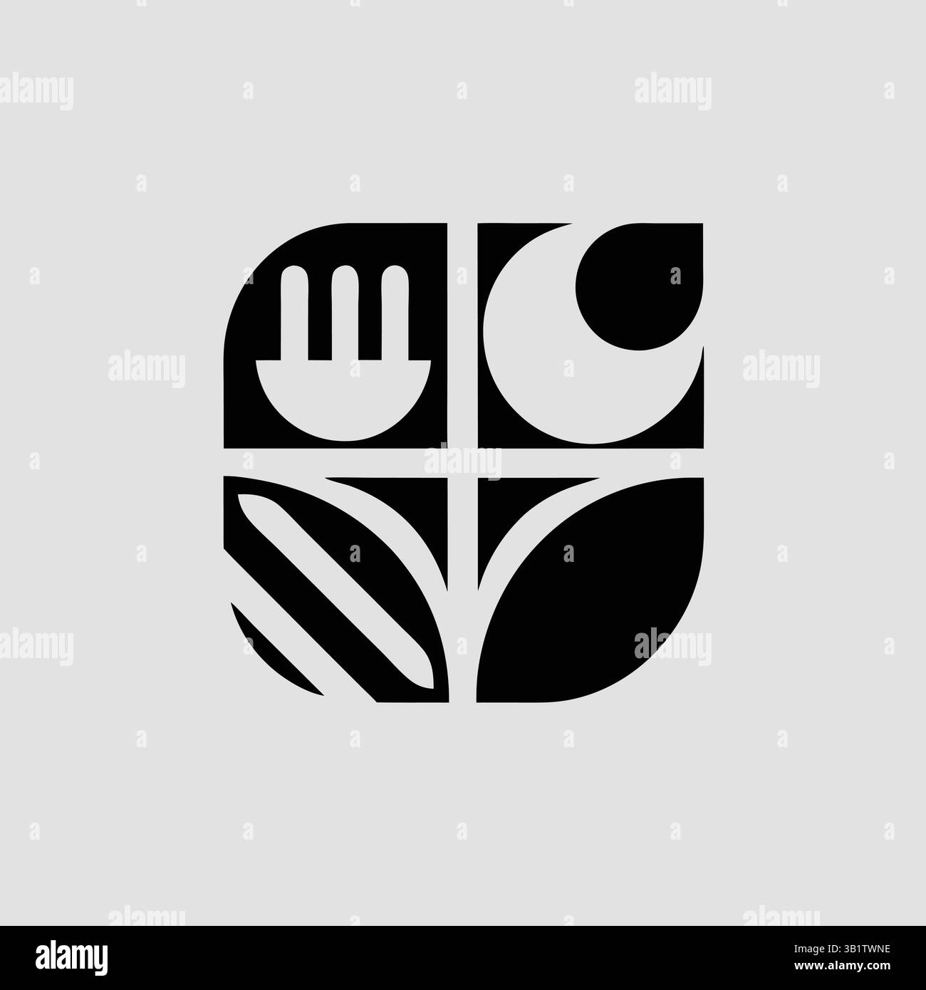 Abstract geometric design featuring a hand, crescent moon, and stylized ...