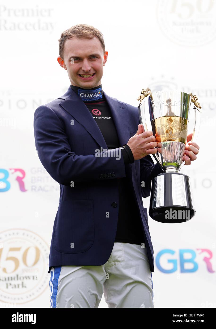 Sean Bowen with the Champion Jockey trophy at Sandown Park Racecourse ...