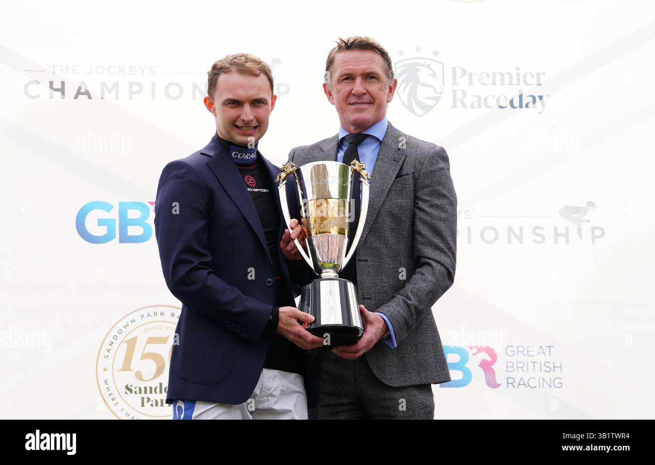 Sean Bowen with the Champion Jockey trophy at Sandown Park Racecourse ...