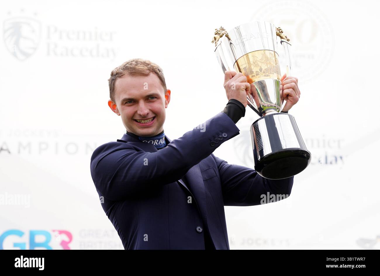 Sean Bowen with the Champion Jockey trophy at Sandown Park Racecourse ...