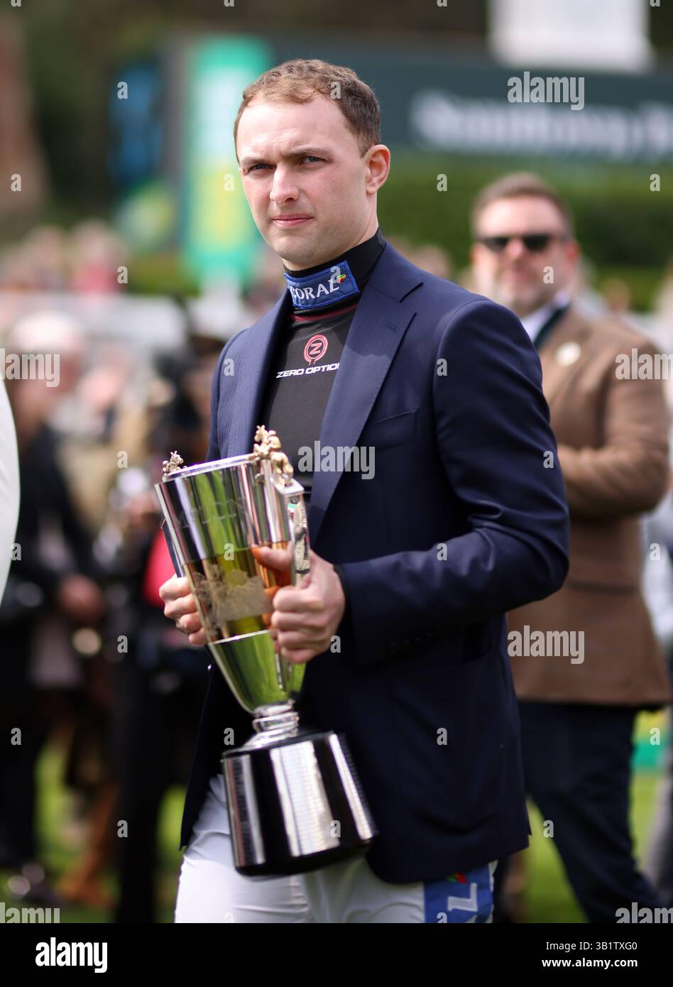 Sean Bowen with the Champion Jockey trophy at Sandown Park Racecourse ...