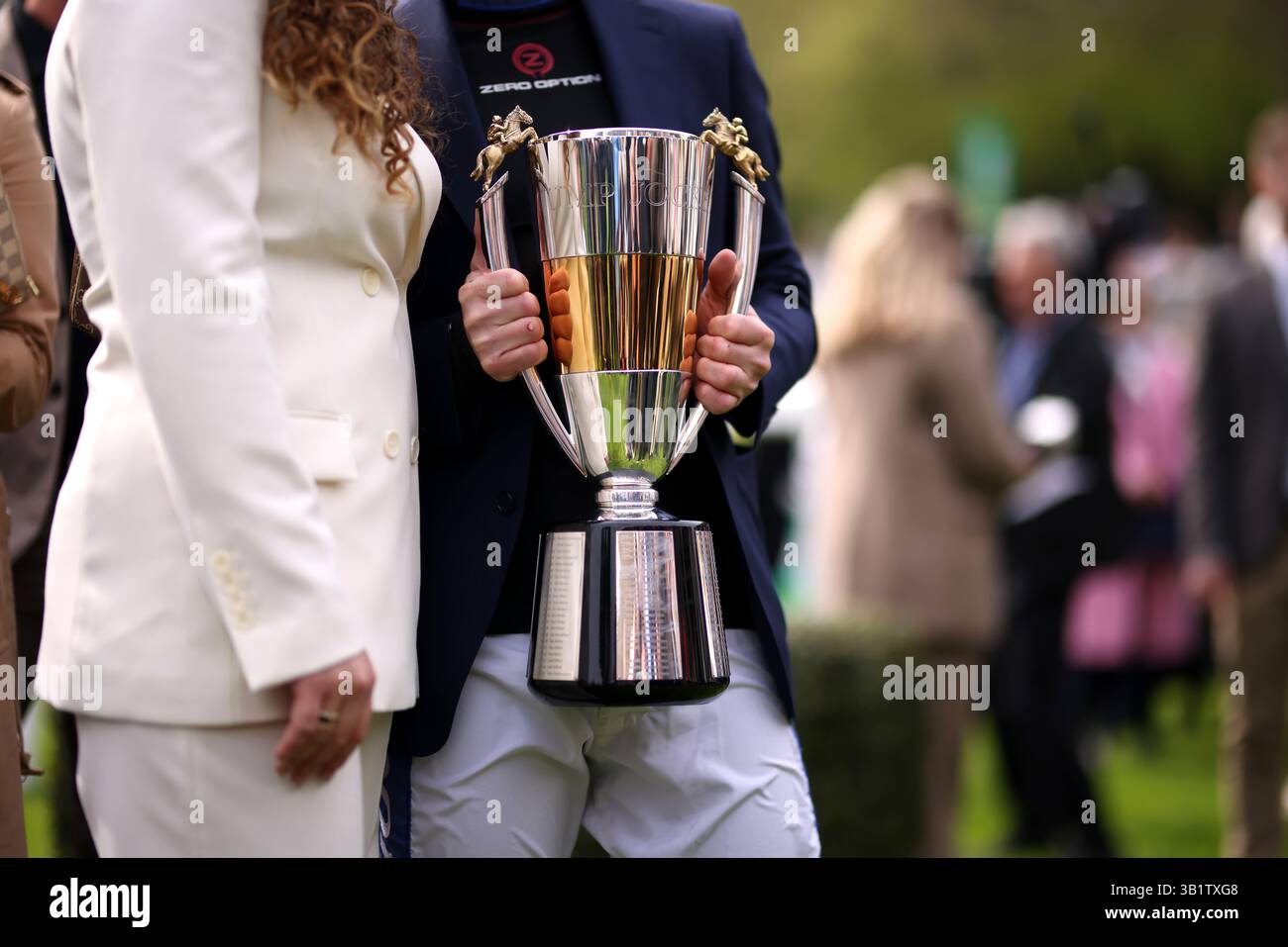 Sean Bowen with the Champion Jockey trophy at Sandown Park Racecourse ...