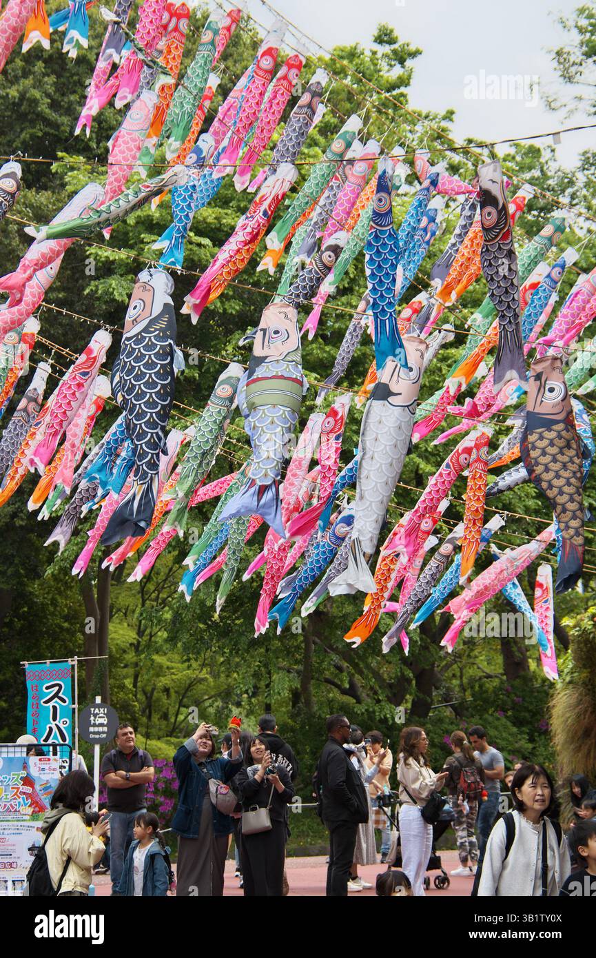 Tokyo, Japan. 26th Apr, 2025. Carp Streamers are seen on display around ...
