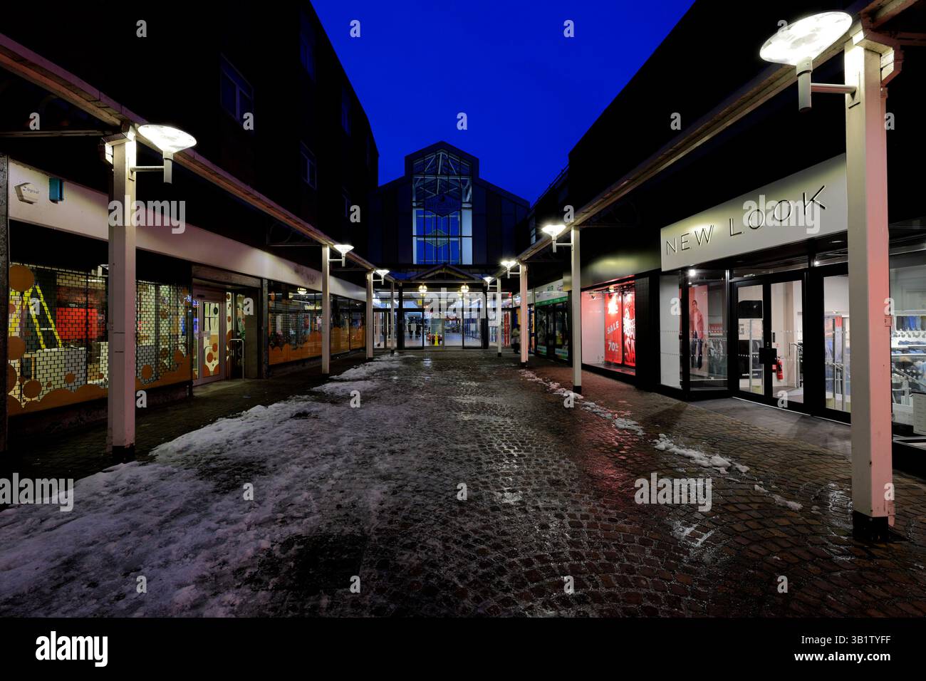 Dusk view of the Airedale Shopping Centre in Keighley town, Yorkshire ...