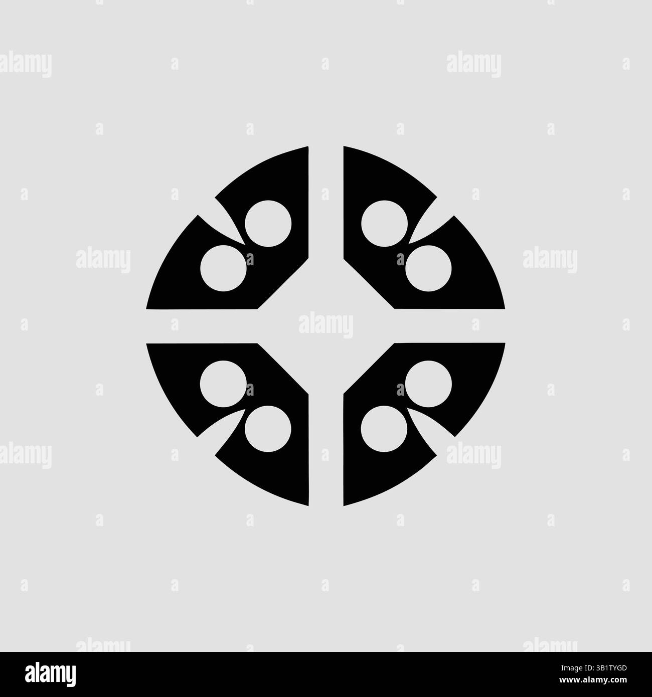 Abstract circular design with four quadrants each containing two white ...