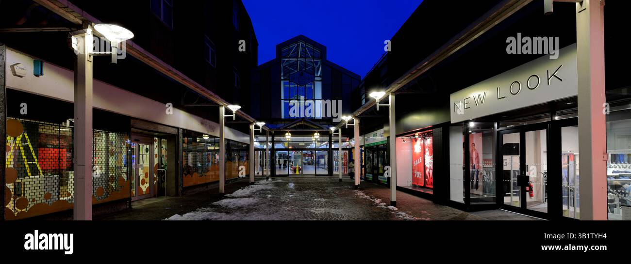 Dusk view of the Airedale Shopping Centre in Keighley town, Yorkshire ...