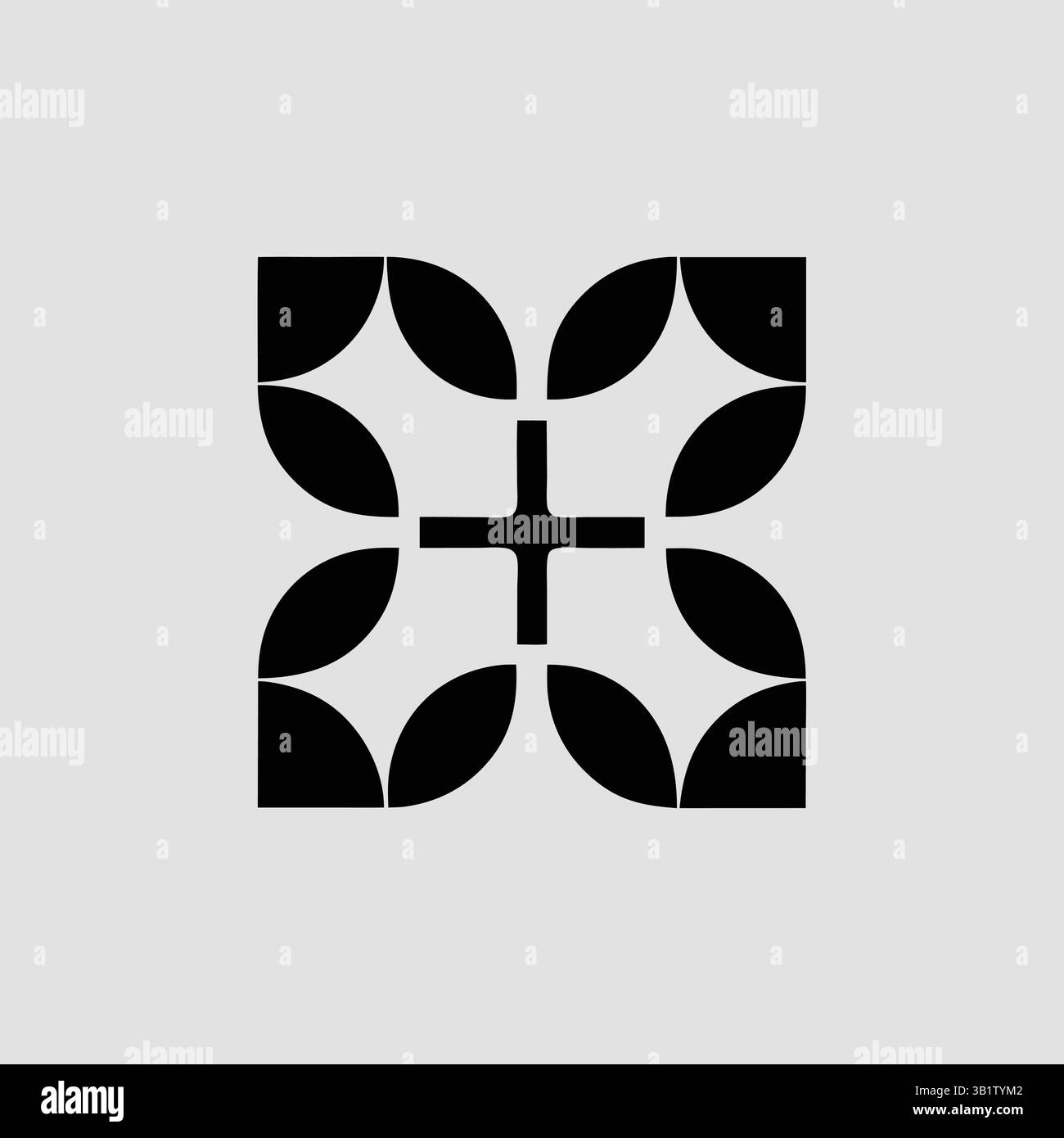 Black geometric design with a central cross surrounded by rounded petal ...