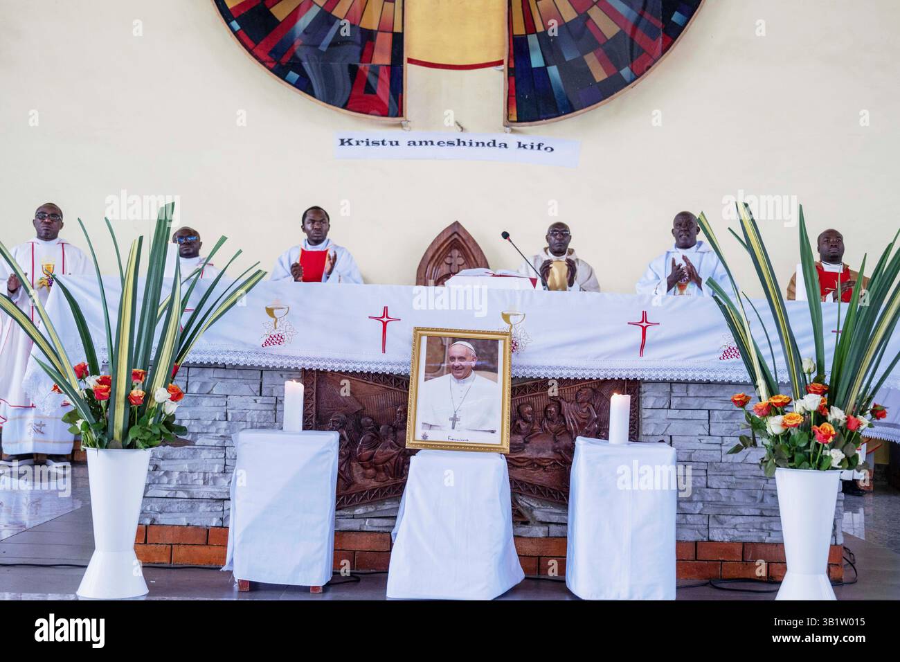 Priest attends a mass in honour of the late Pope Francis inside a ...
