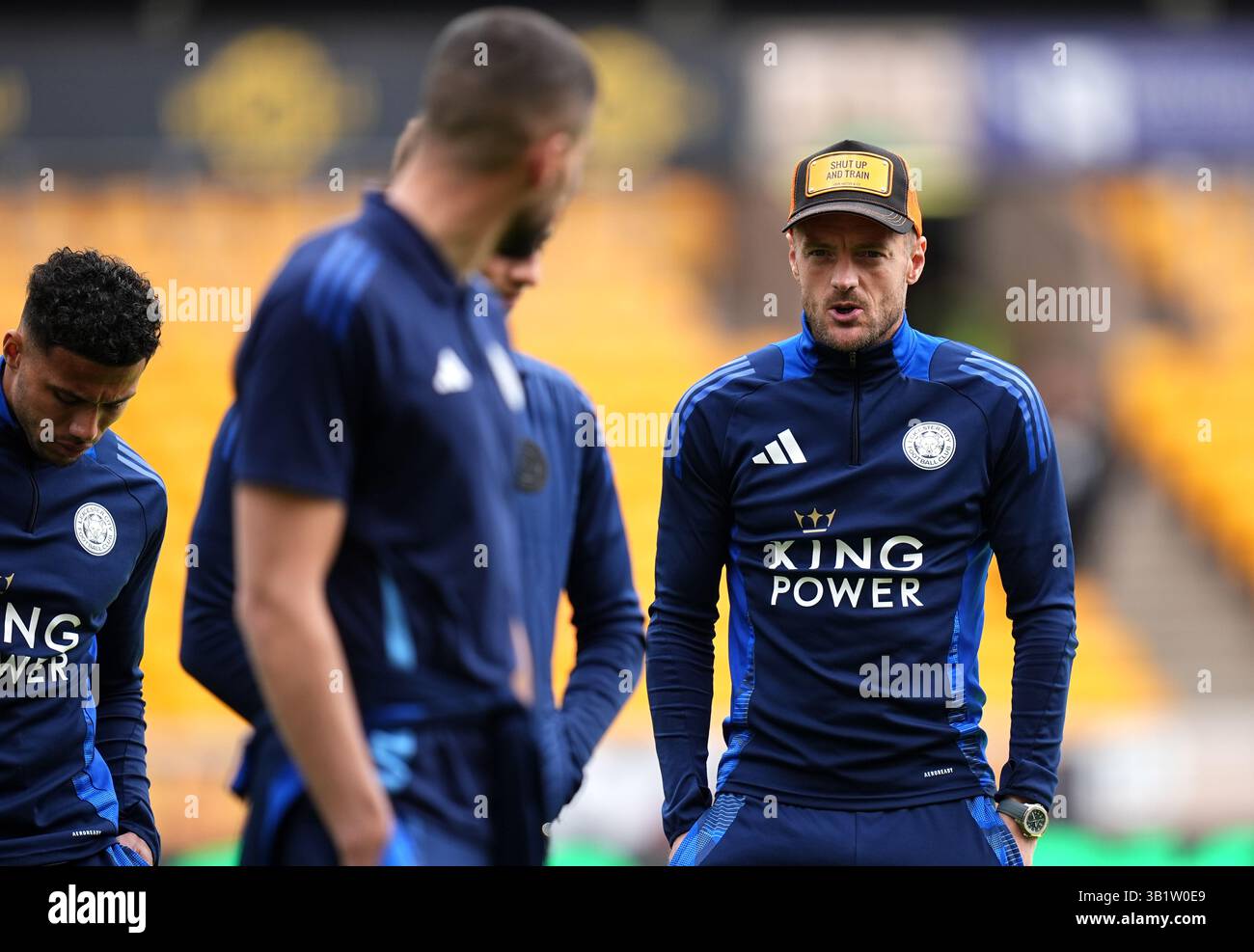 Leicester City's Jamie Vardy (right) inspects the pitch ahead of the ...