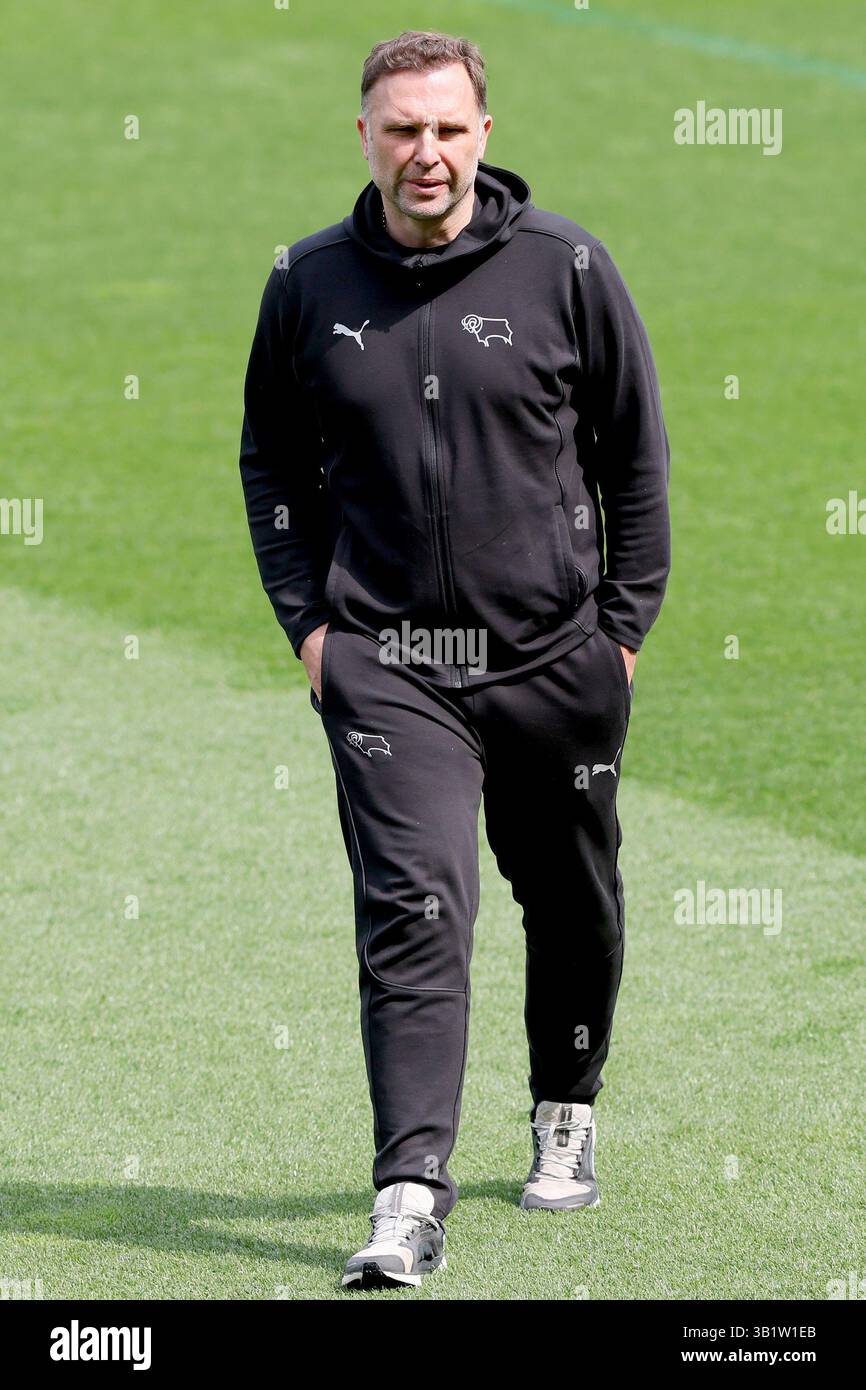 Derby County manager John Eustace on the pitch before the Sky Bet ...