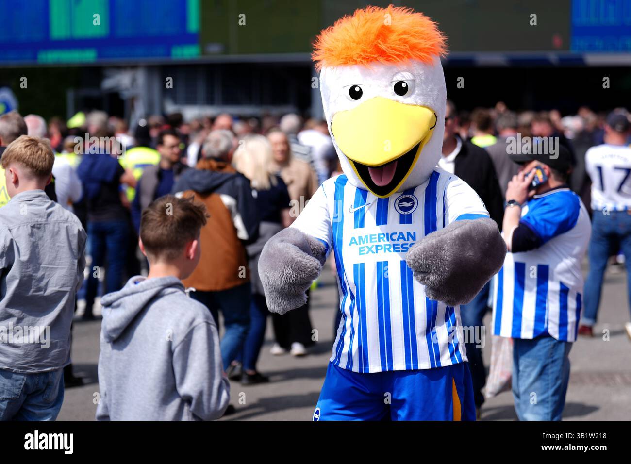 Brighton and Hove Albion mascot Gully greets fans outside the ground ...